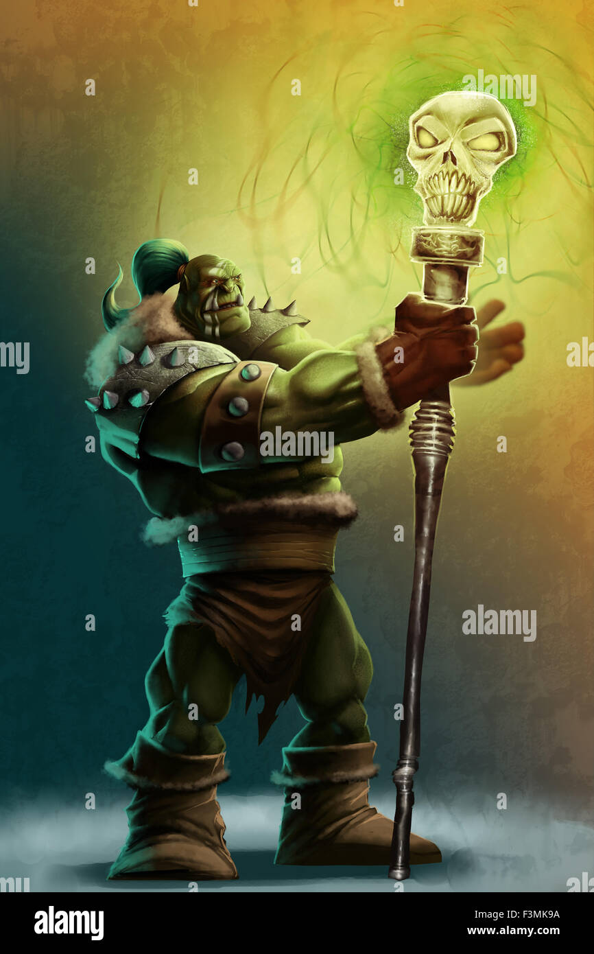 a strong shaman orc with his magical staff Stock Photo - Alamy