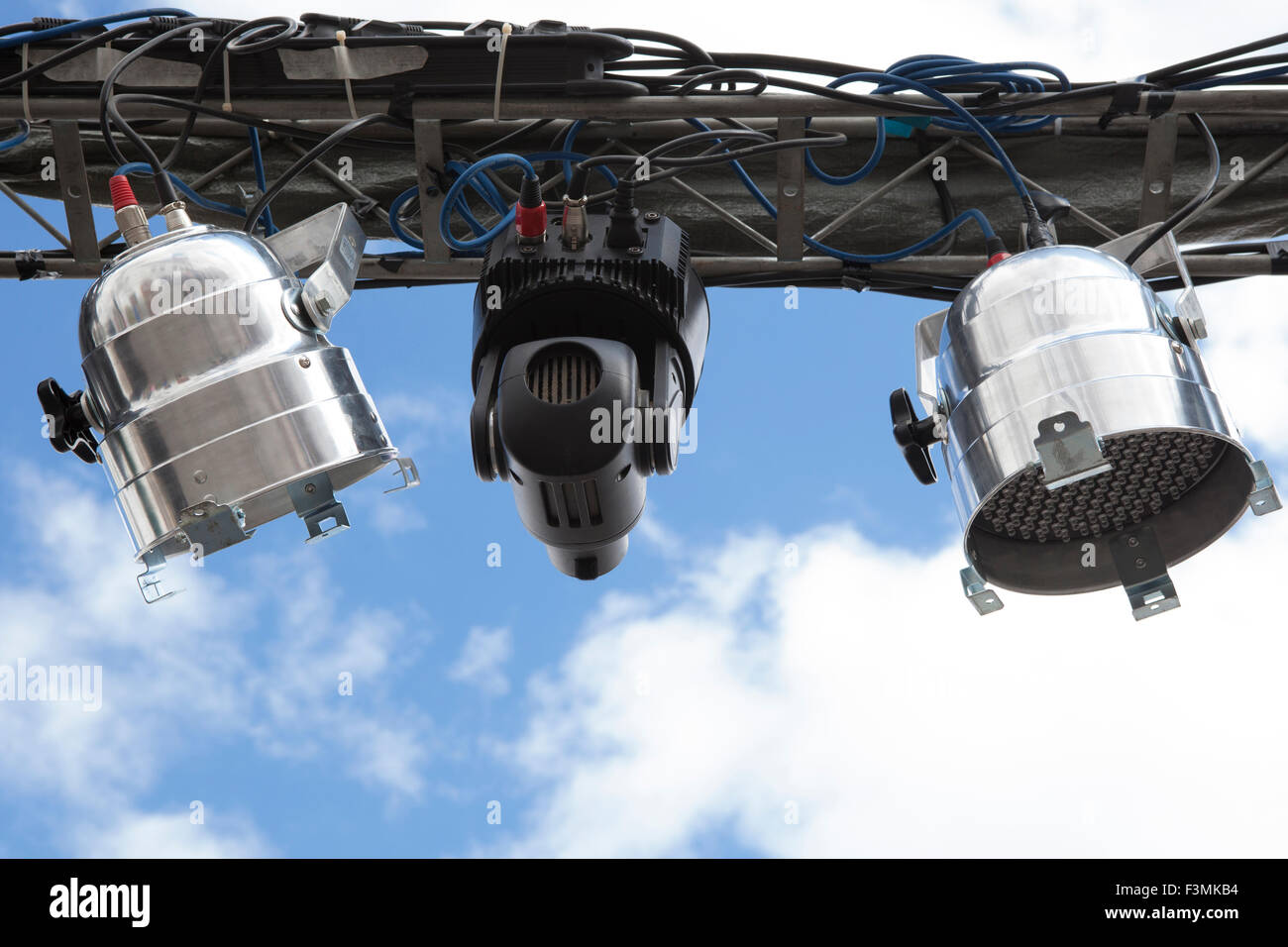 Spot light system on white isolated over blue cloudy sky with space for ...