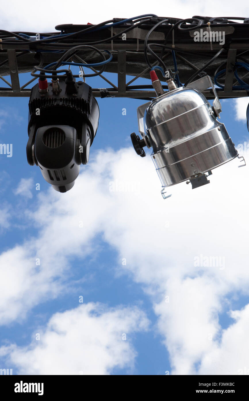 Spot light system on white isolated over blue cloudy sky with space for ...