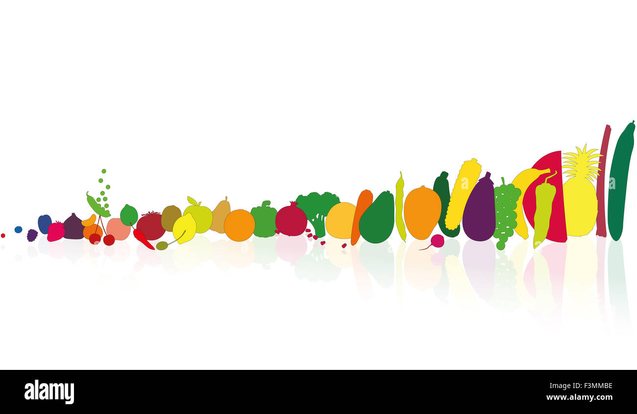 Vegetables and fruits in single file. Illustration over white ...