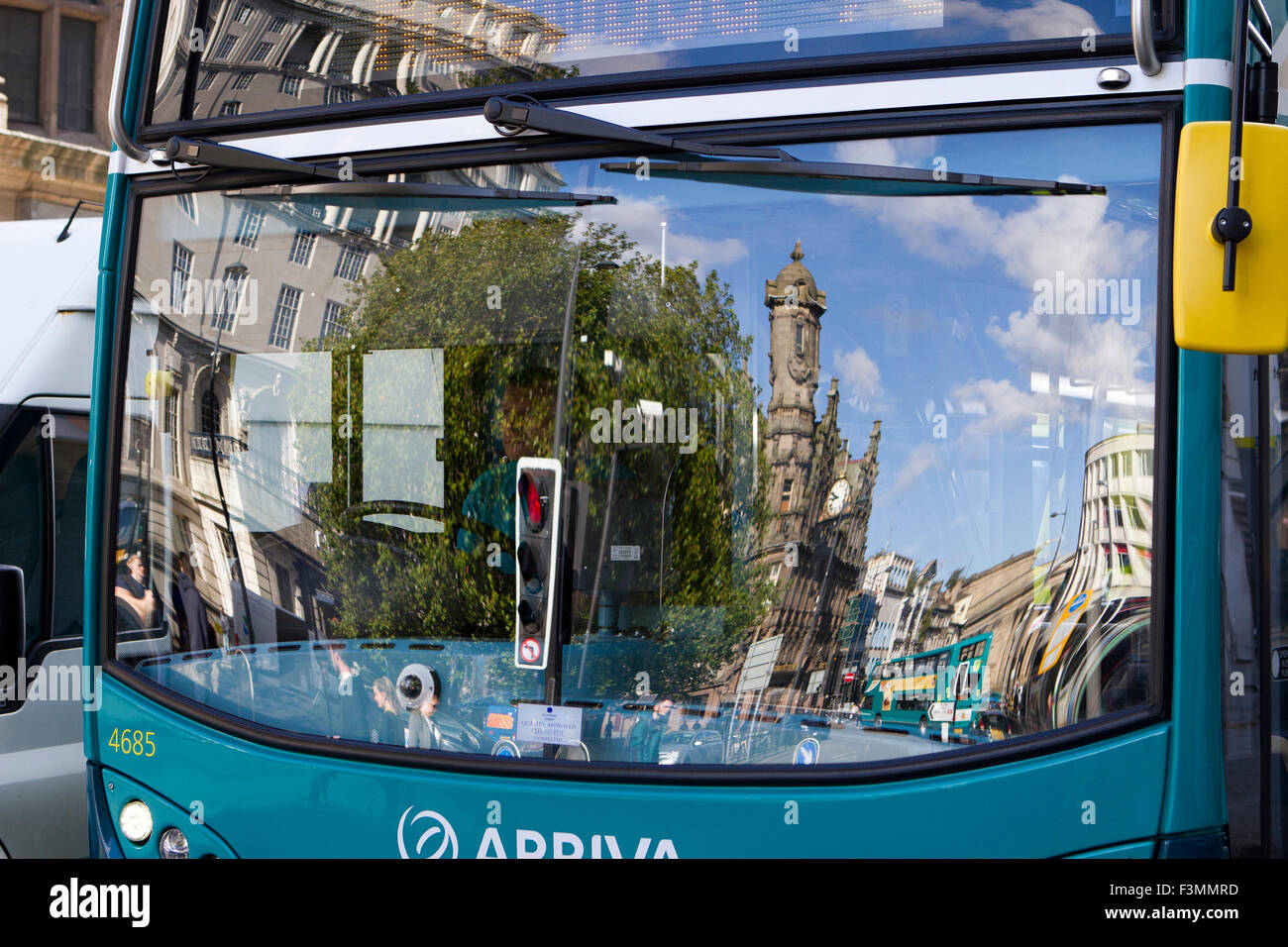 Reflections of Liverpool in Arriva Bus, Merseyside, UK Stock Photo - Alamy
