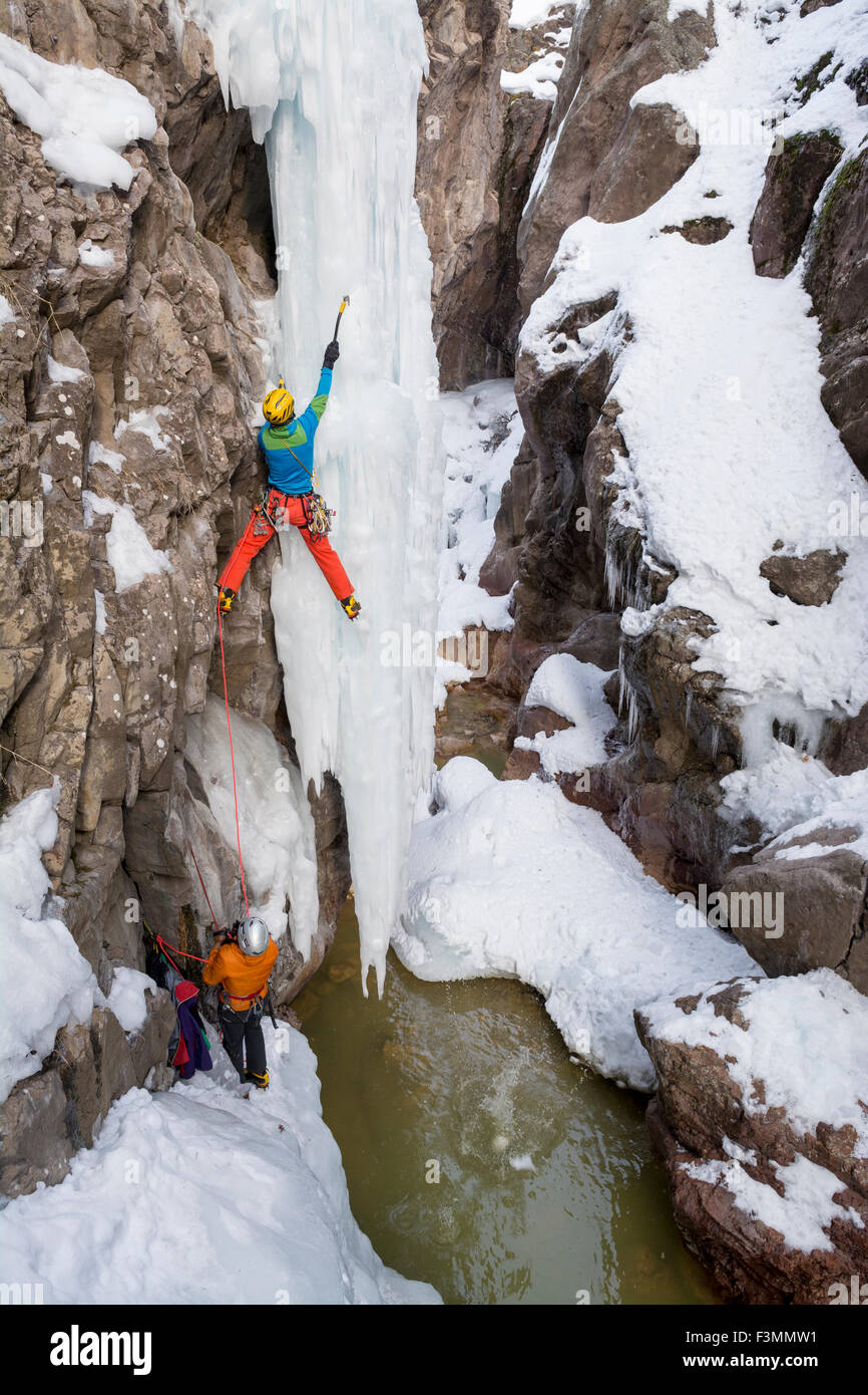 A man and woman ice climbing near Ouray, Colorado Stock Photo - Alamy