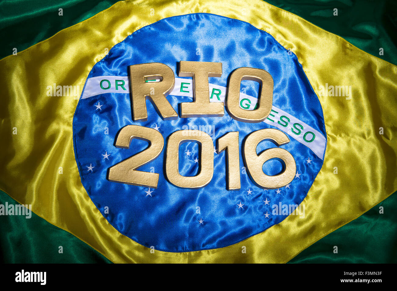 RIO DE JANEIRO, BRAZIL - FEBRUARY 3, 2015: Rio 2016 message in gold ...