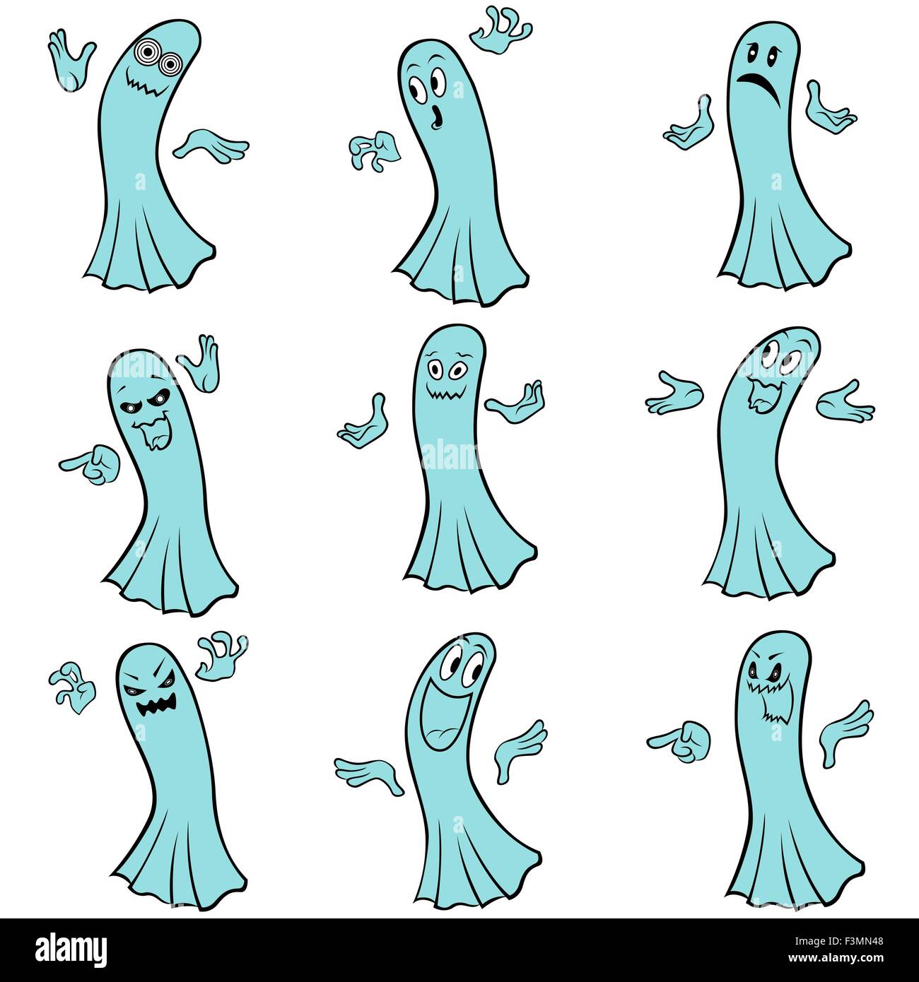 Set of nine blue ghosts with various characters isolated on a white ...