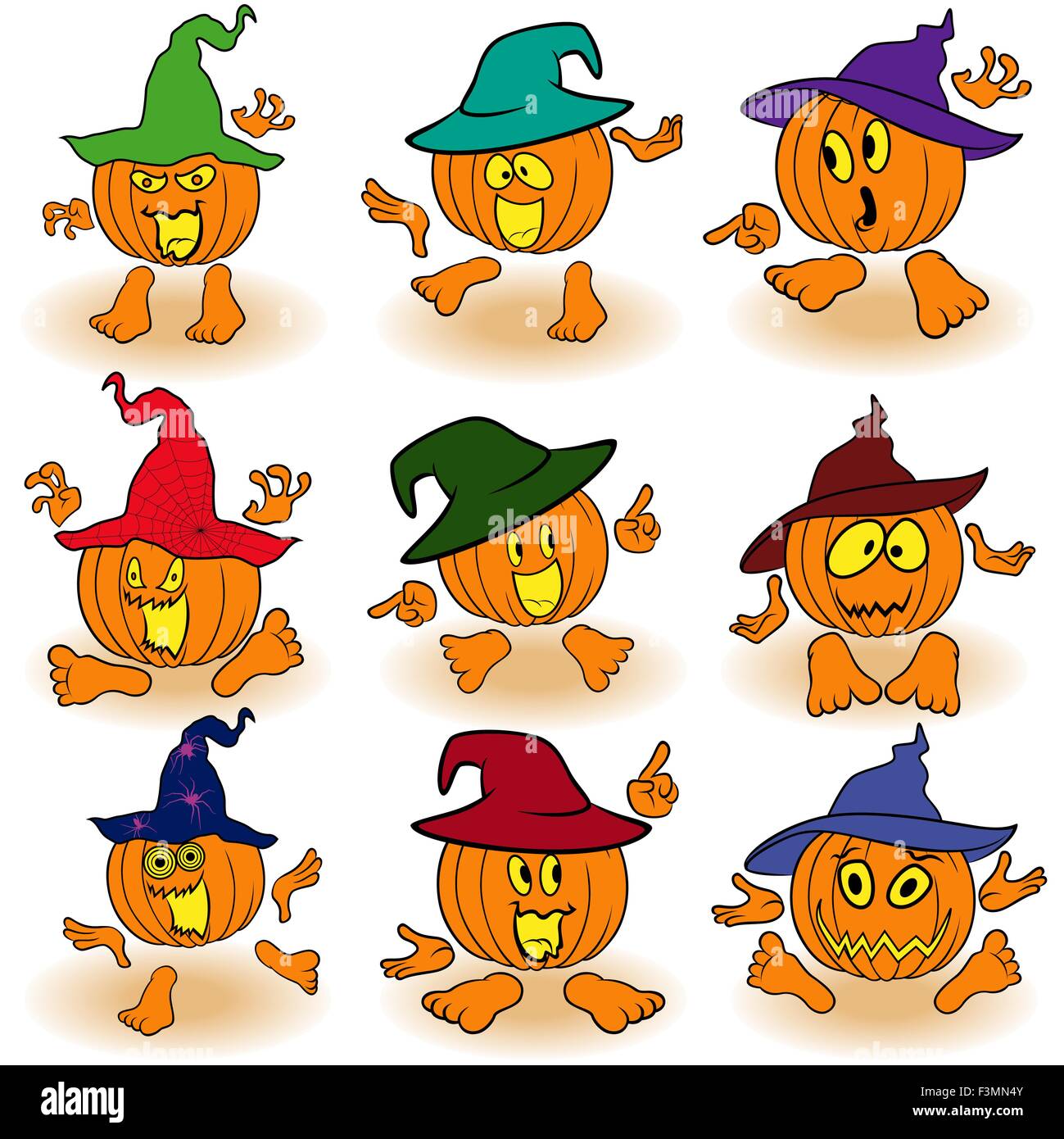 Halloween set of nine orange pumpkins in color hats that gesticulate ...