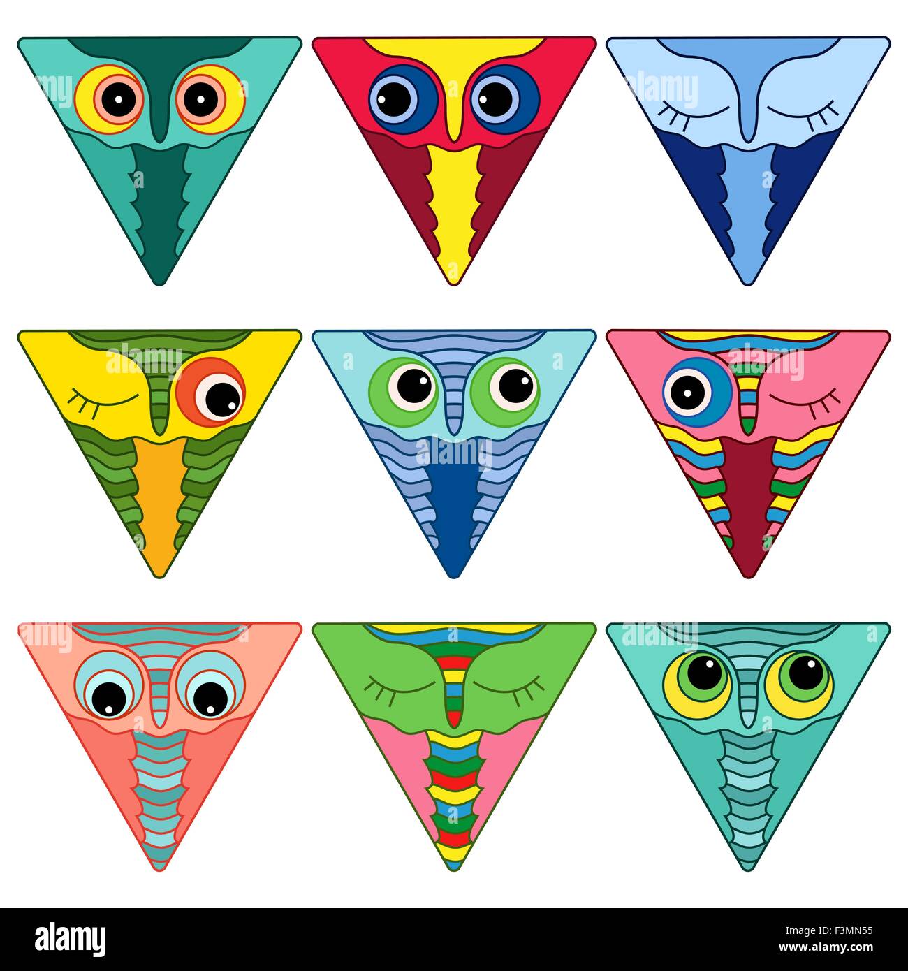 Set of nine amusing colorful owl faces placed in triangle forms and ...