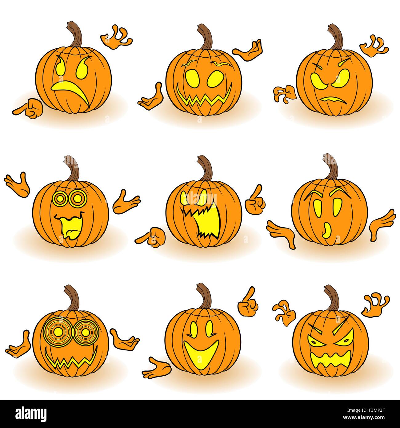 Halloween set of nine orange pumpkins with various face characters that ...