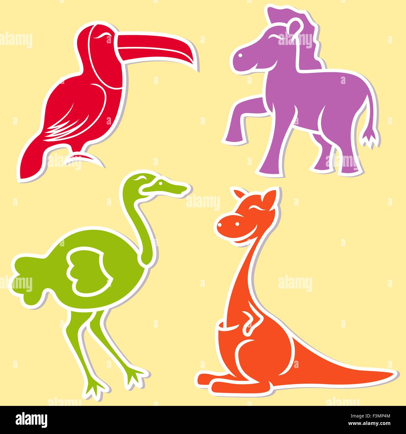 Toucan, pony, ostrich and kangaroo on light yellow background, cartoon ...