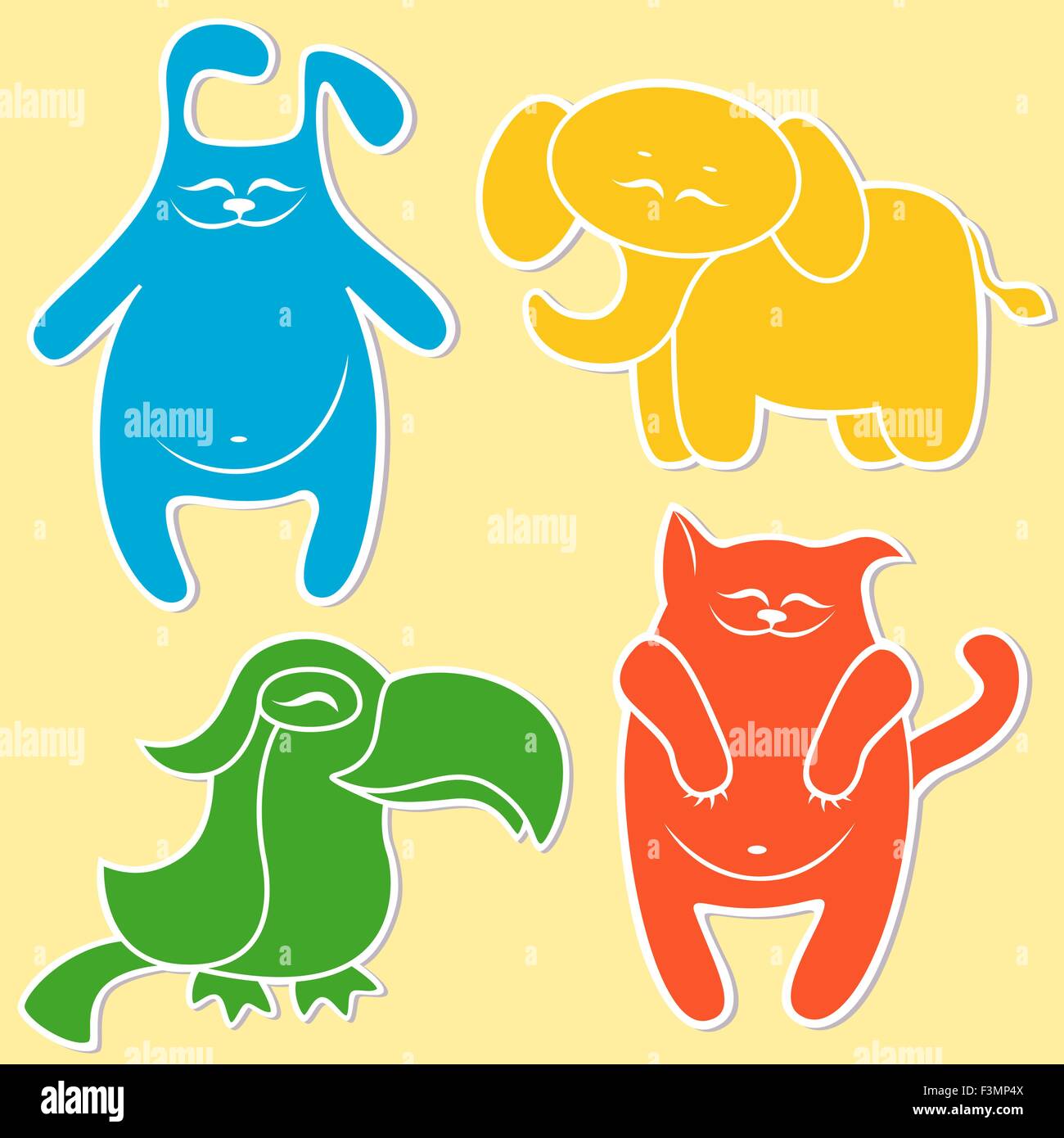 Cat, rabbit, elephant and parrot on light yellow background, cartoon ...