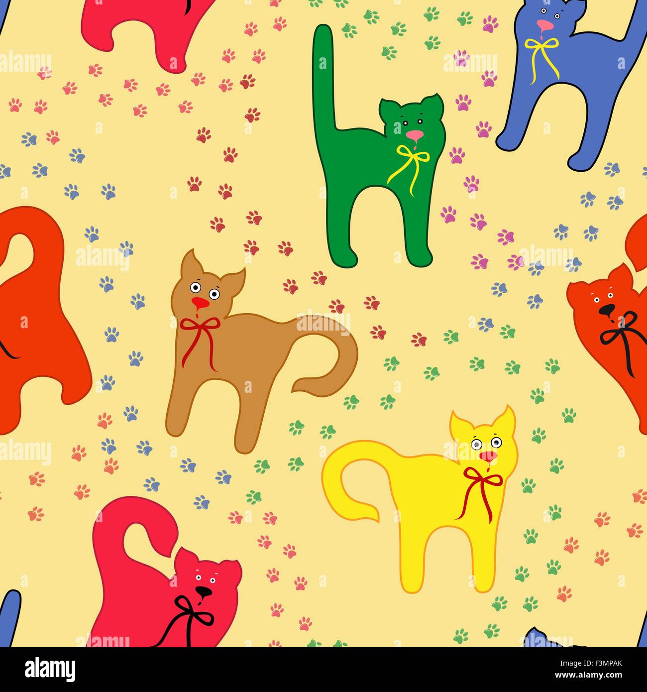 Funny colorful cats on a yellow background with their own traces ...