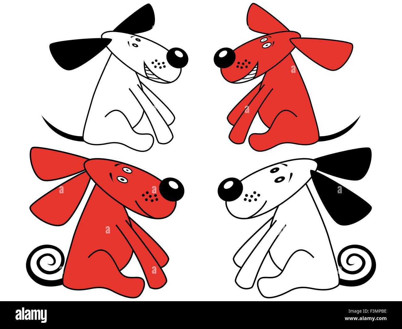 Four amusing dogs, Red and White symmetrically sitting, hand drawing ...