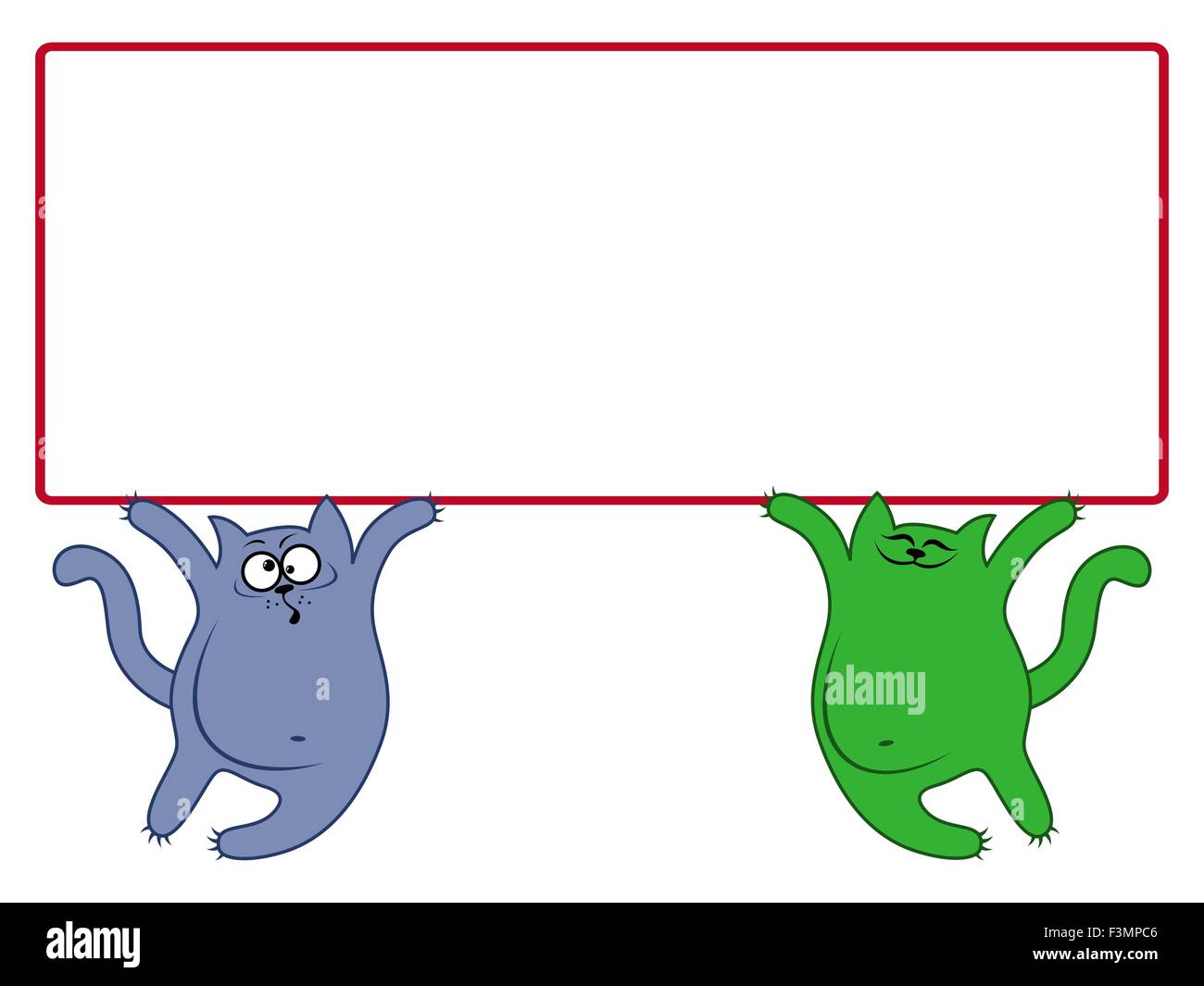 Amusing thick cats hold in paws of a large rectangular banner over them ...