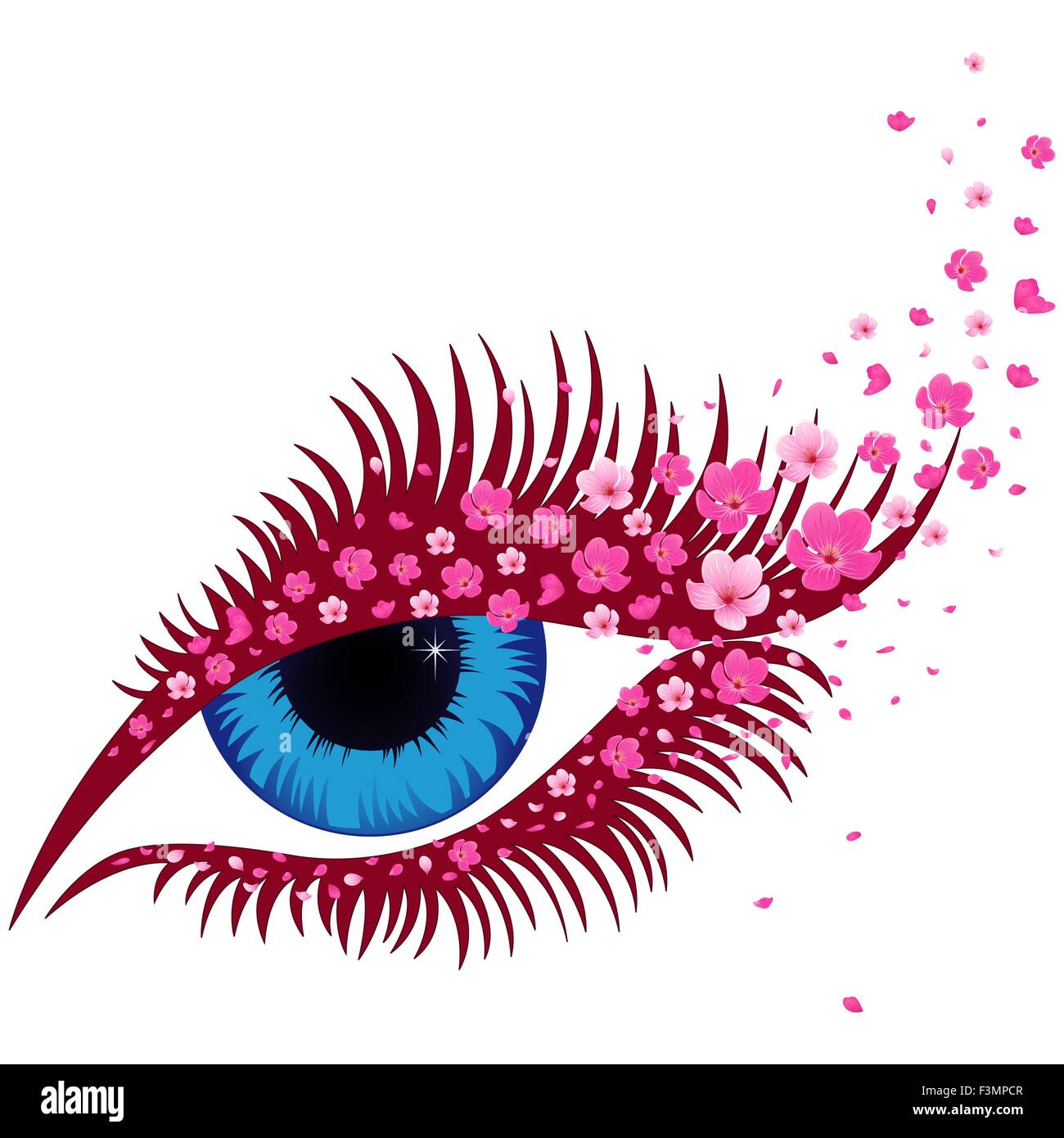 Female blue eye with small pink flowers of sakura, hand drawing vector ...