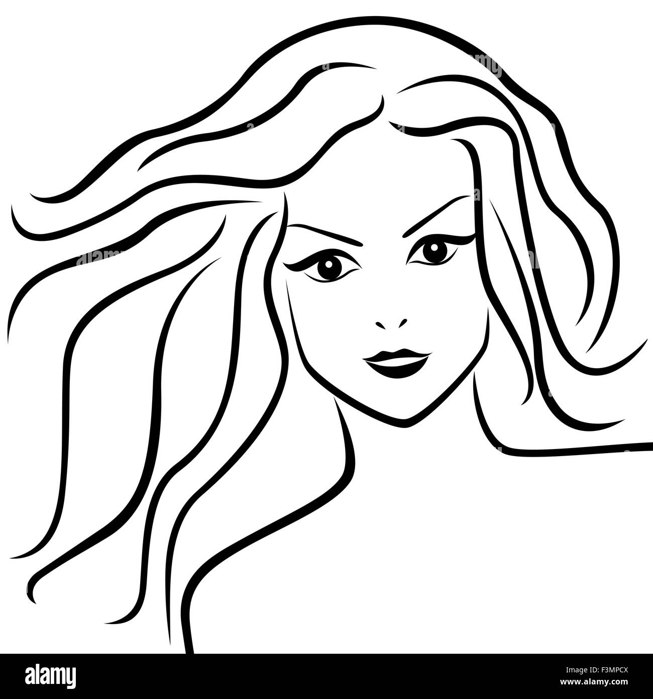 Abstract portrait of young woman with flowing hair, hand drawing vector ...