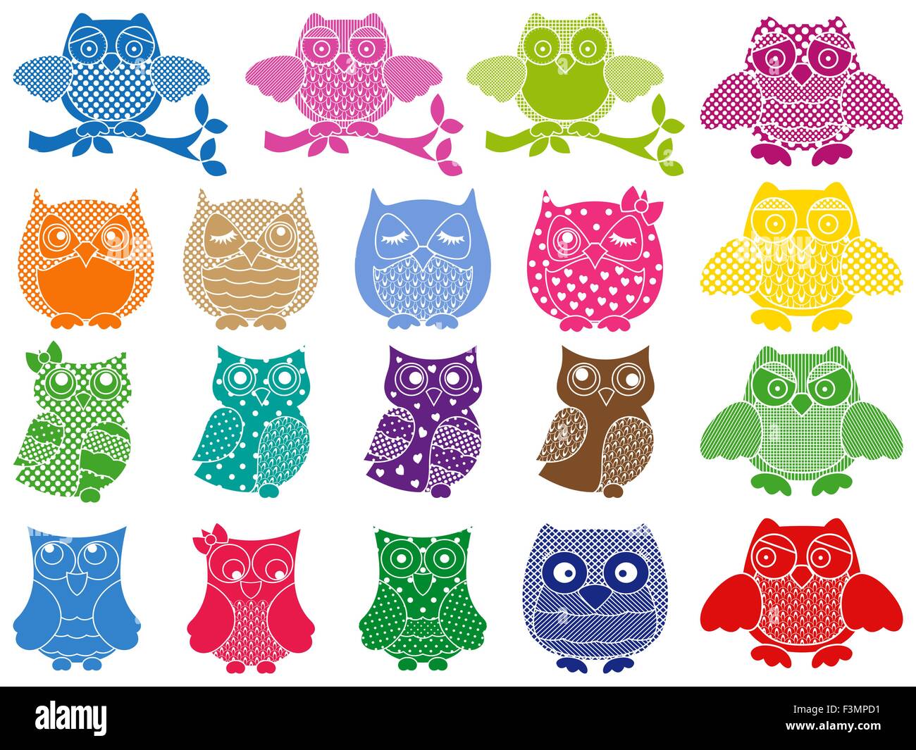 Set of nineteen colorful ornamental vector owl stencils isolated over ...