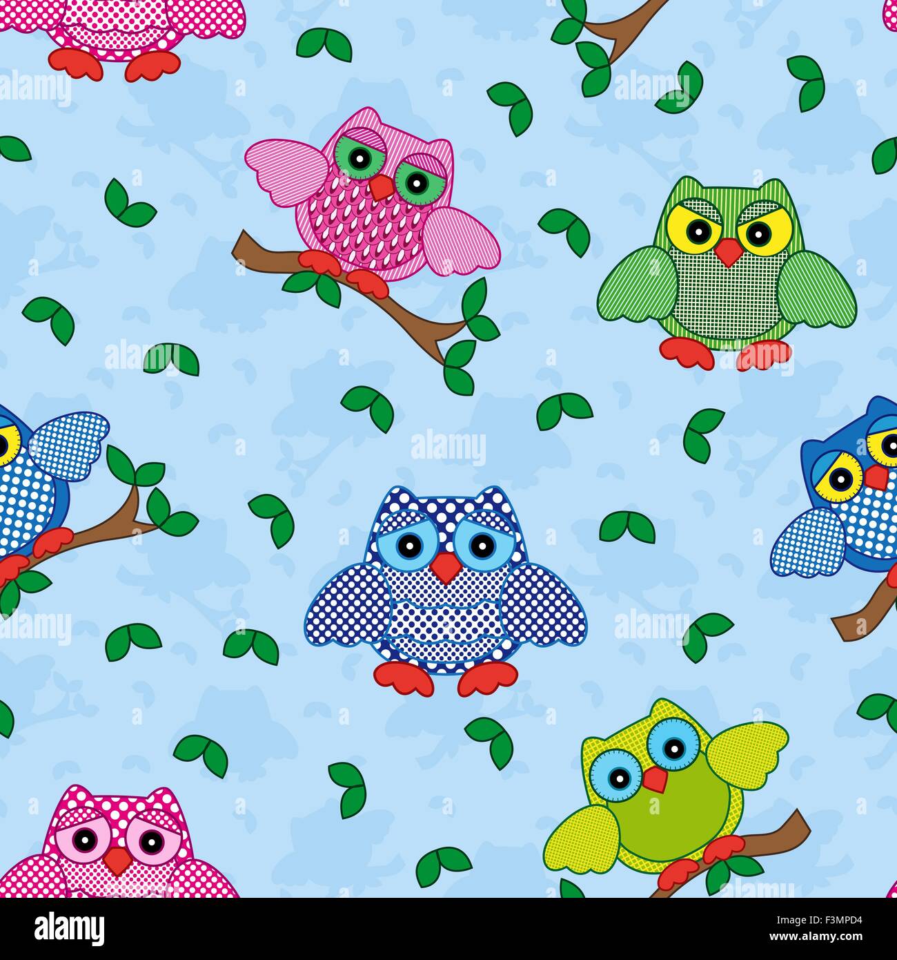 Seamless vector pattern with colorful ornamental owls on a blue ...