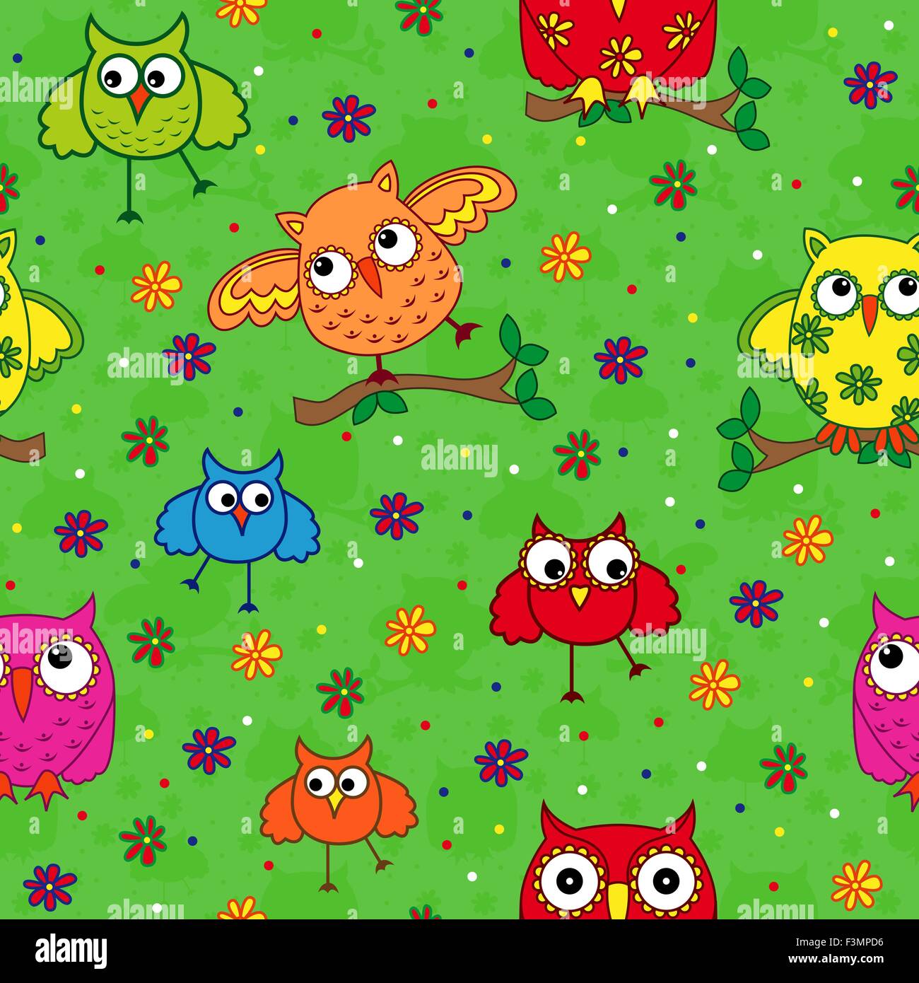 Seamless vector pattern with colorful ornamental owls on a saturated ...