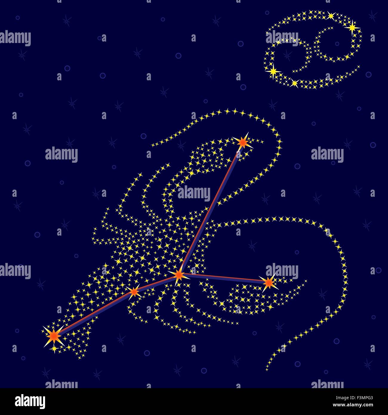 Zodiac Sign Cancer On A Background Of The Starry Sky With The Scheme Of