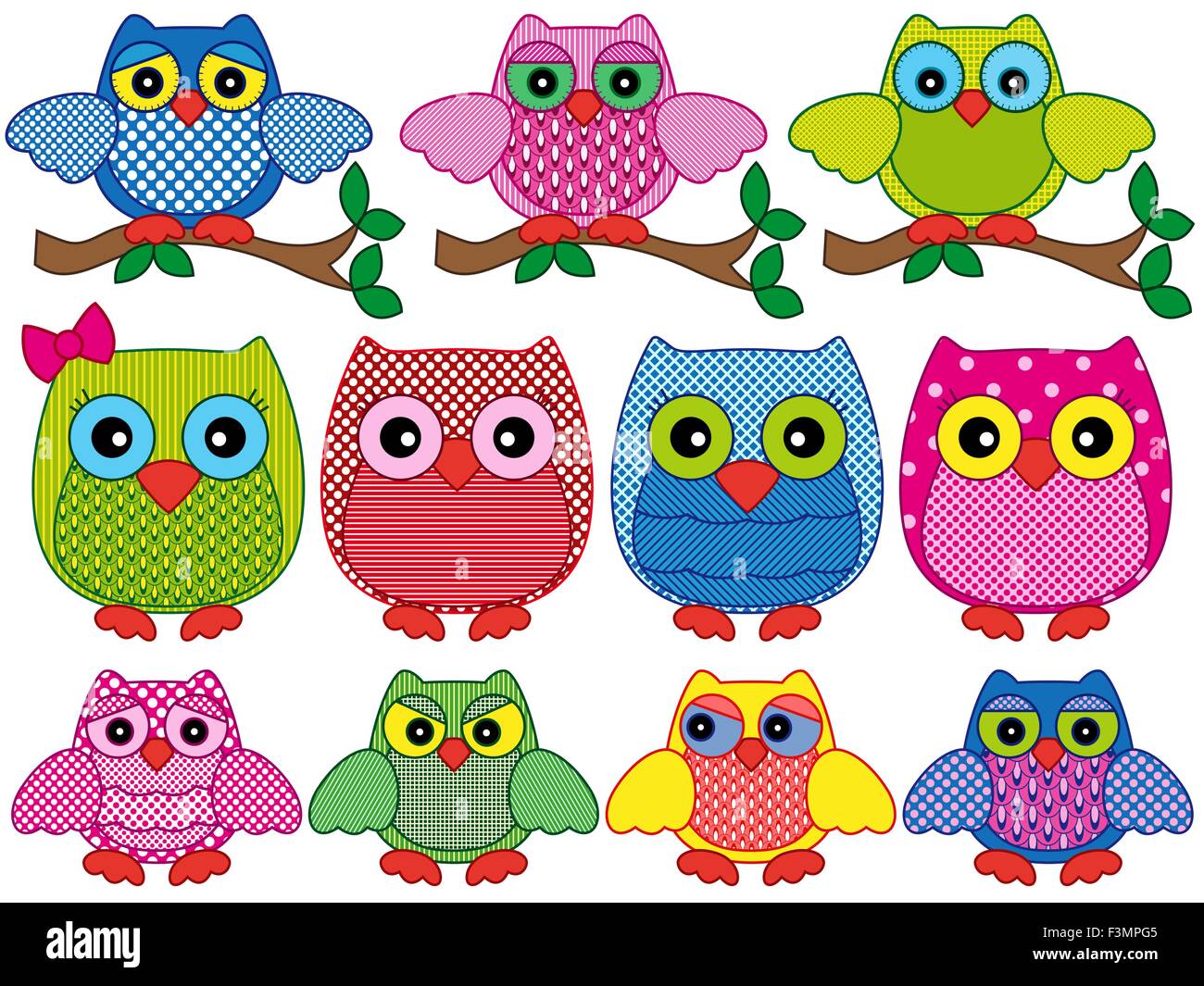 Set of eleven ornamental cartoon vector owls with various characters ...
