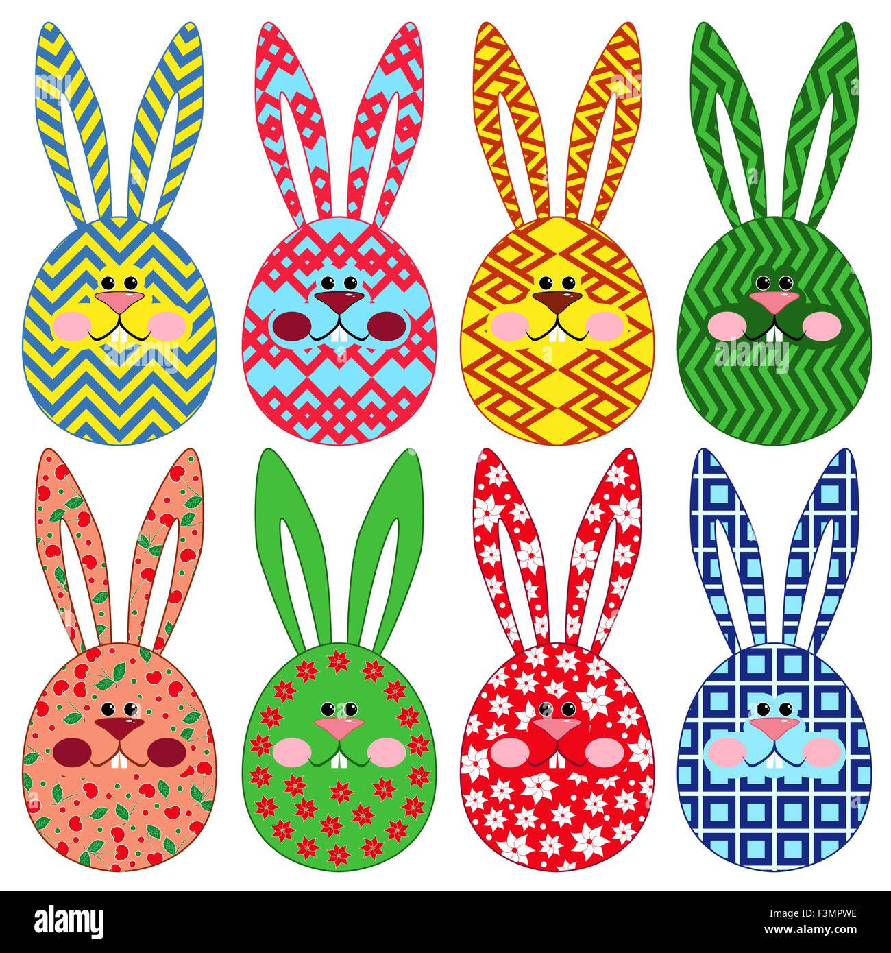 Eight stylized colorful Easter rabbit ornamental faces isolated on a ...