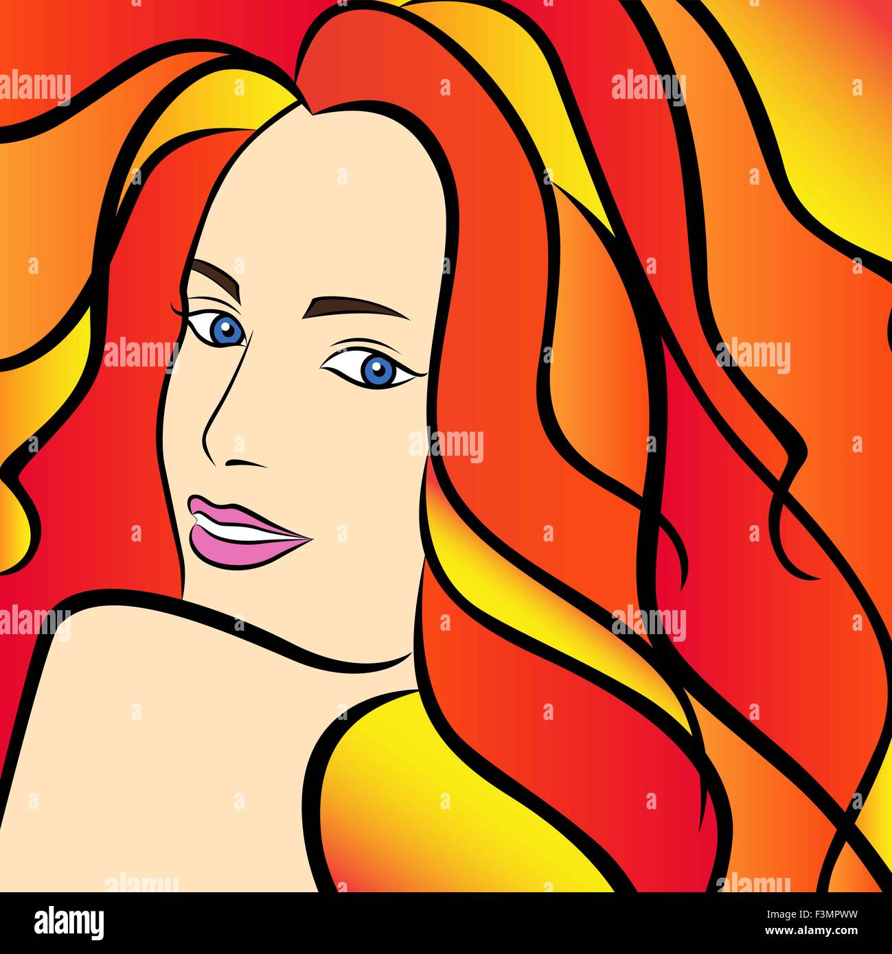Abstract female half turn portrait with fiery hair, colorful bright ...