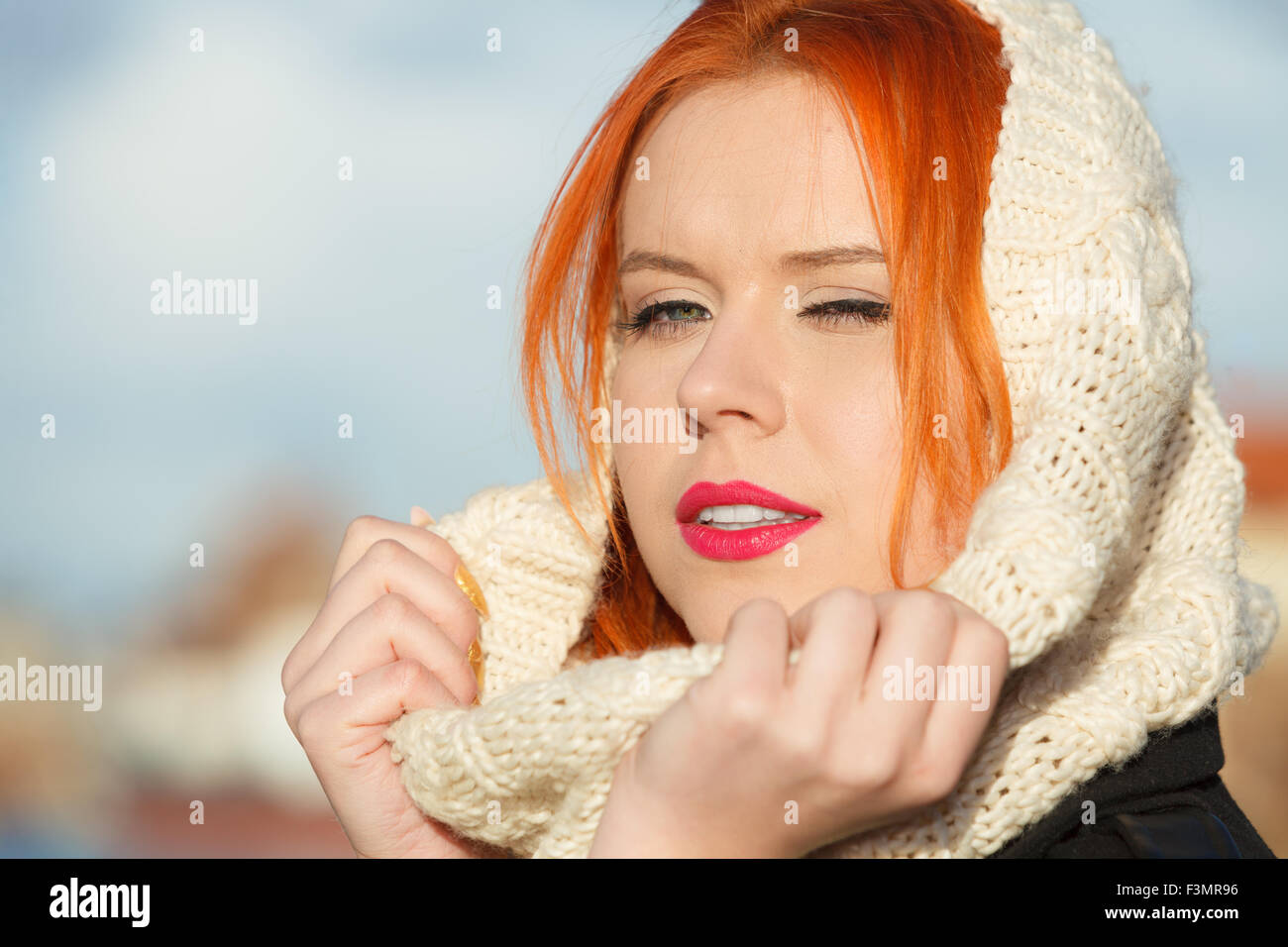 Winter Fashion Beauty Face Portrait Red Hair Young Woman In Warm