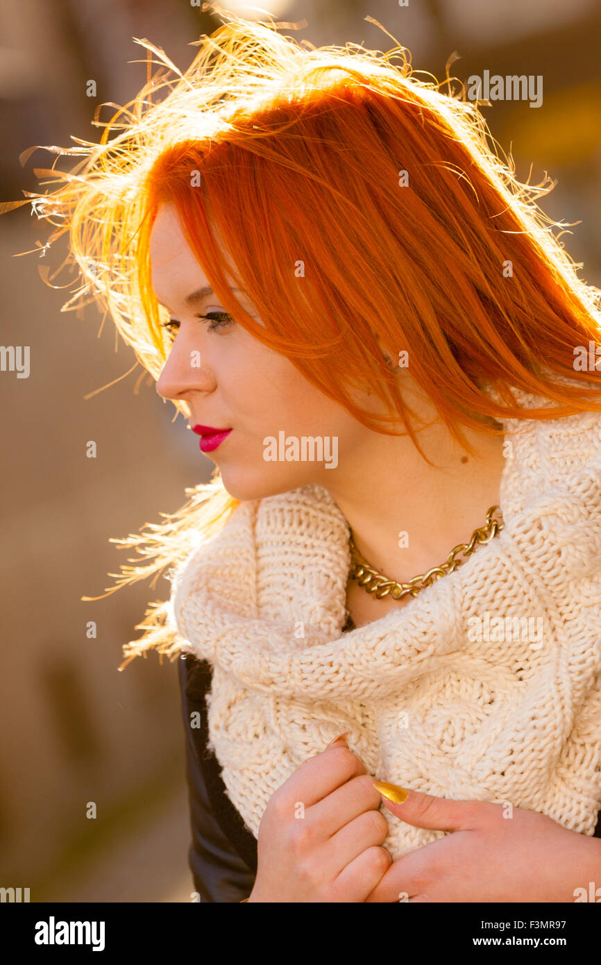 Winter Fashion Beauty Face Portrait Redhaired Young Woman In Warm