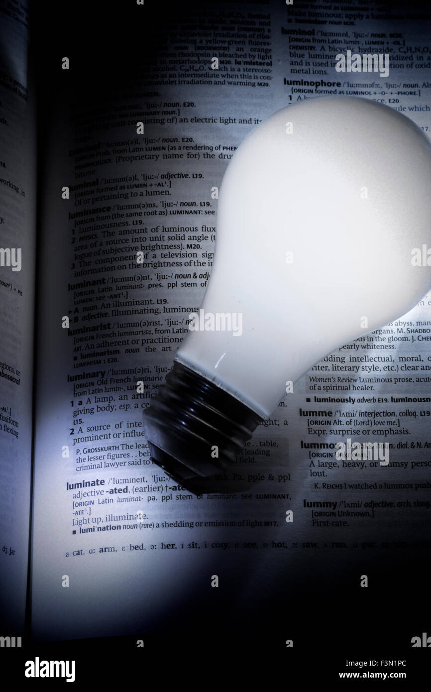 A glowing lightbulb on dictionary, with the word "luminate" luminated ...
