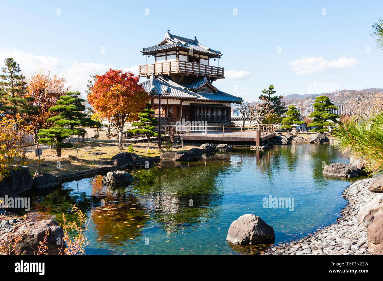 Japanese castle at Ikeda, near Osaka. The keep is constructed in the ...