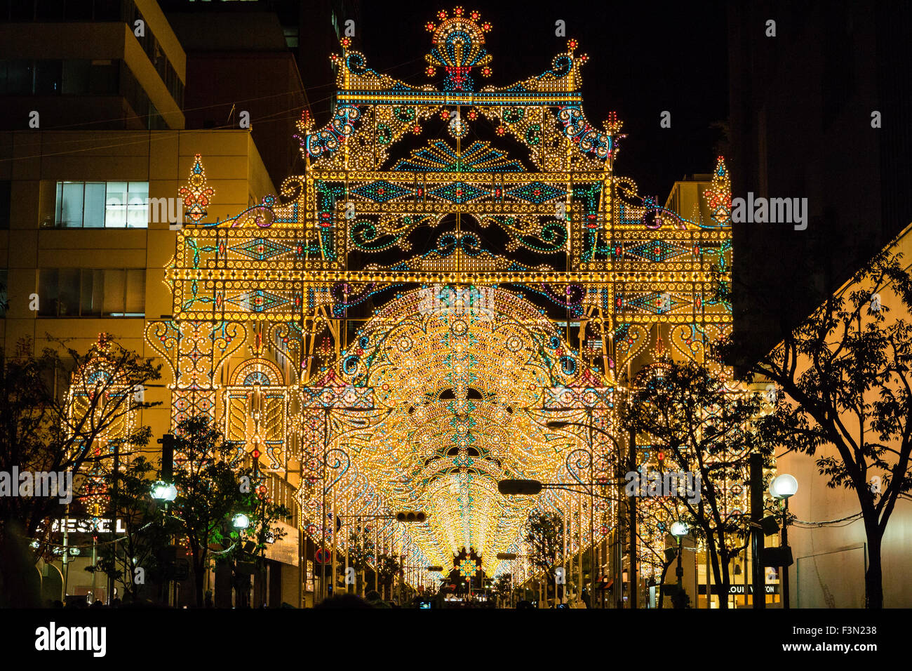 Kobe Luminarie, winter festival of light. Overhead lighting display ...