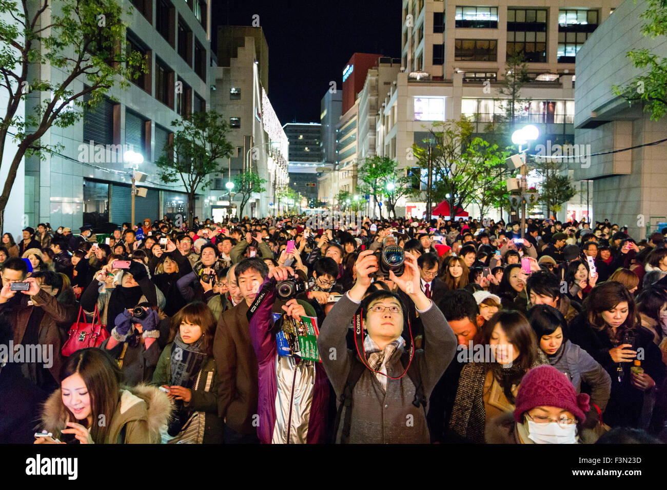 Kobe Luminarie, winter light display. Japanese crowd facing viewer ...