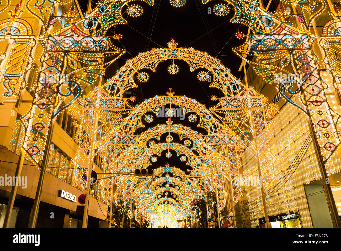 Kobe Luminarie, winter festival of light. Overhead lighting display ...