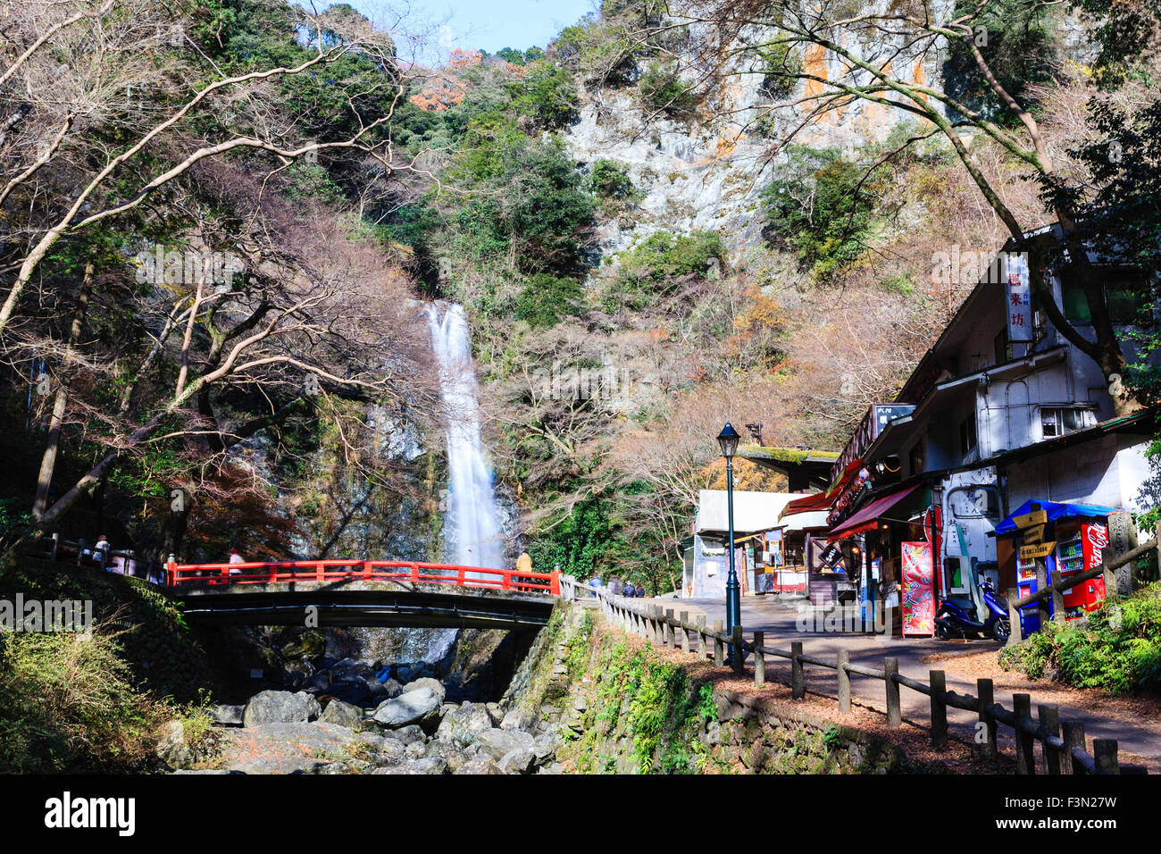 Mino famous waterfall beauty spot near Osaka. Japanese vermillion ...