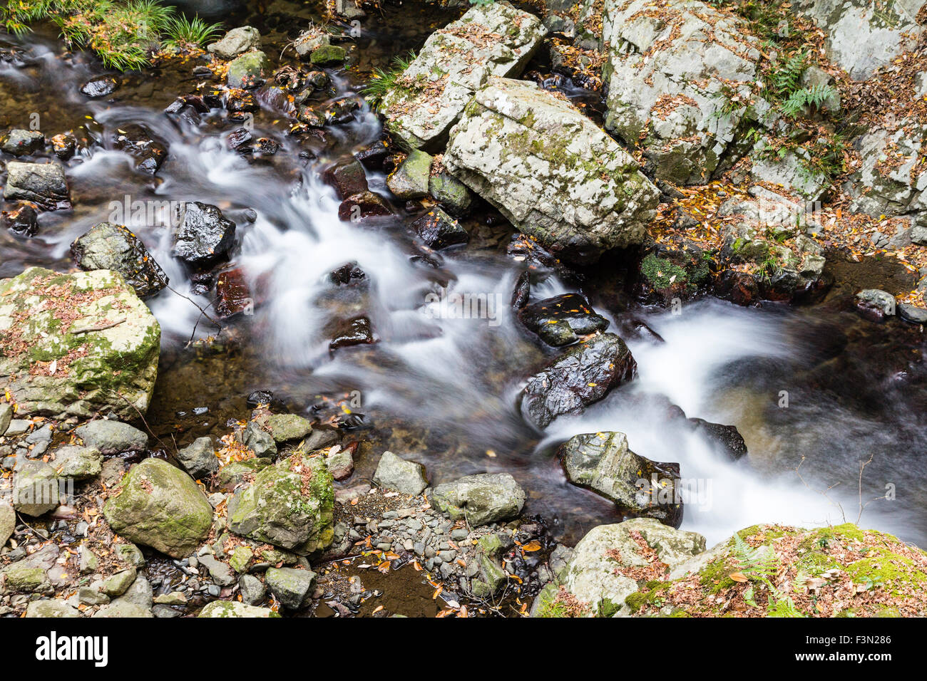 Mino, near Osaka. Small river gushing over rocks making mini waterfall ...