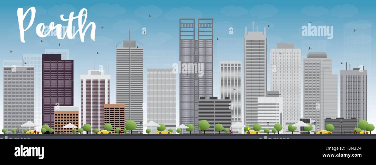 Perth skyline with grey buildings and blue sky. Vector illustration ...