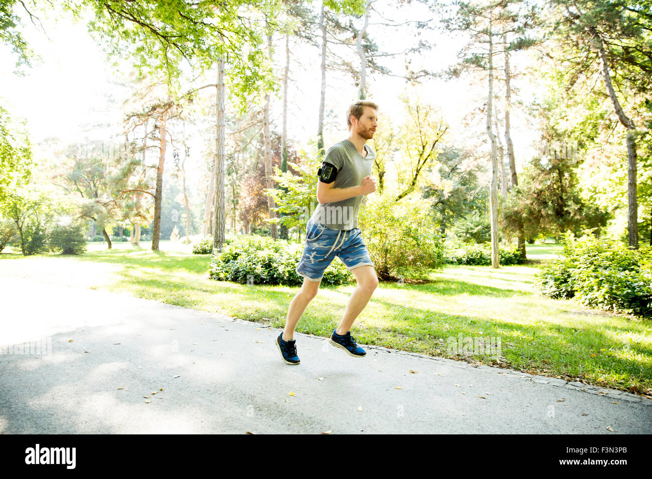 Young man running in the autumn park Stock Photo - Alamy
