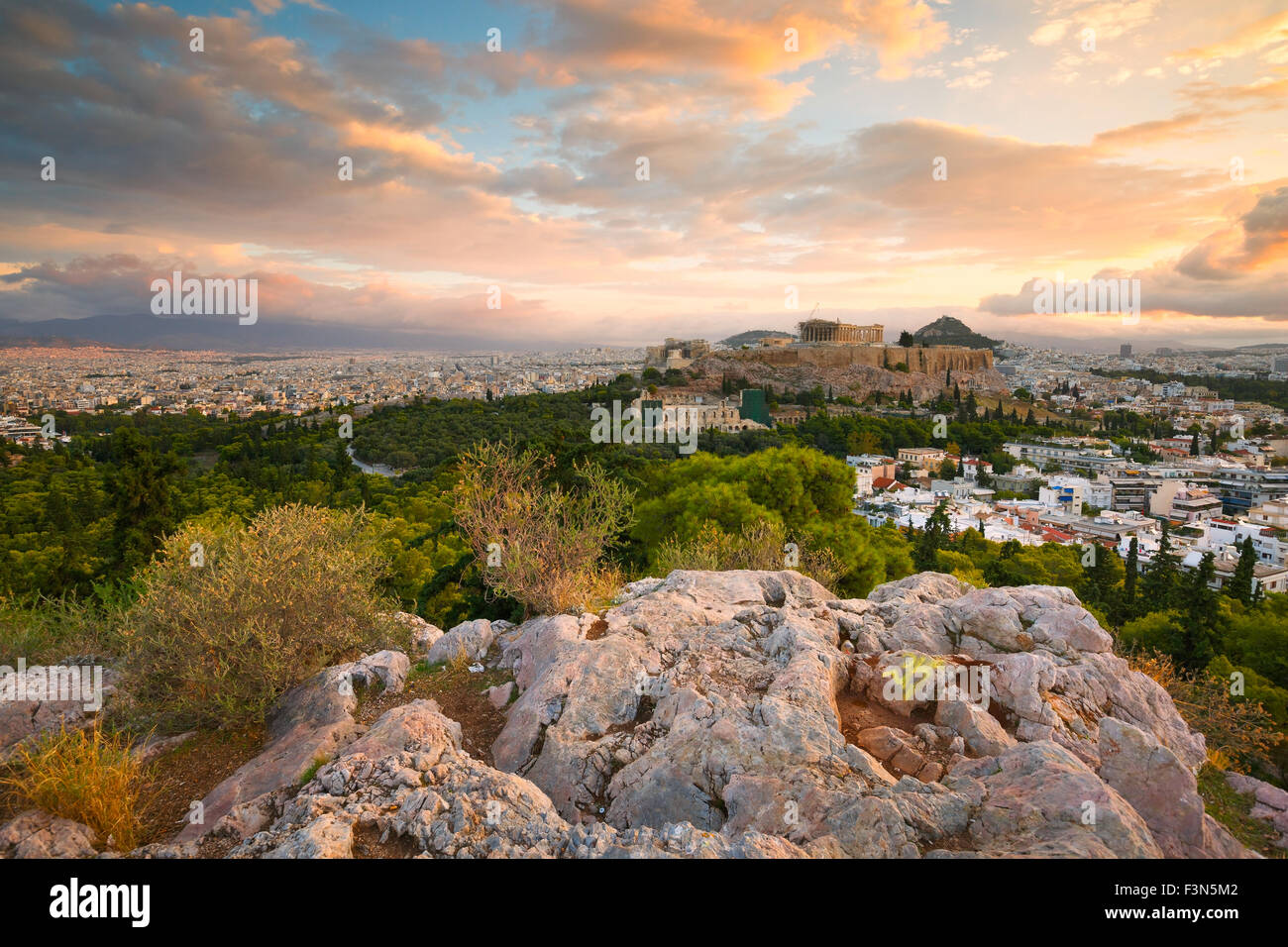 Morning view of Acropolis from Filopappou hill in centre of Athens ...