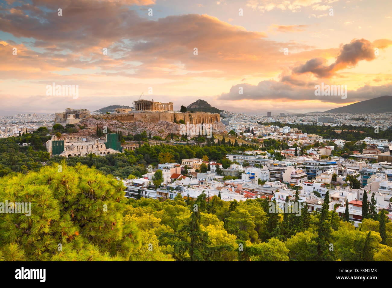 Morning view of Acropolis from Filopappou hill in centre of Athens ...