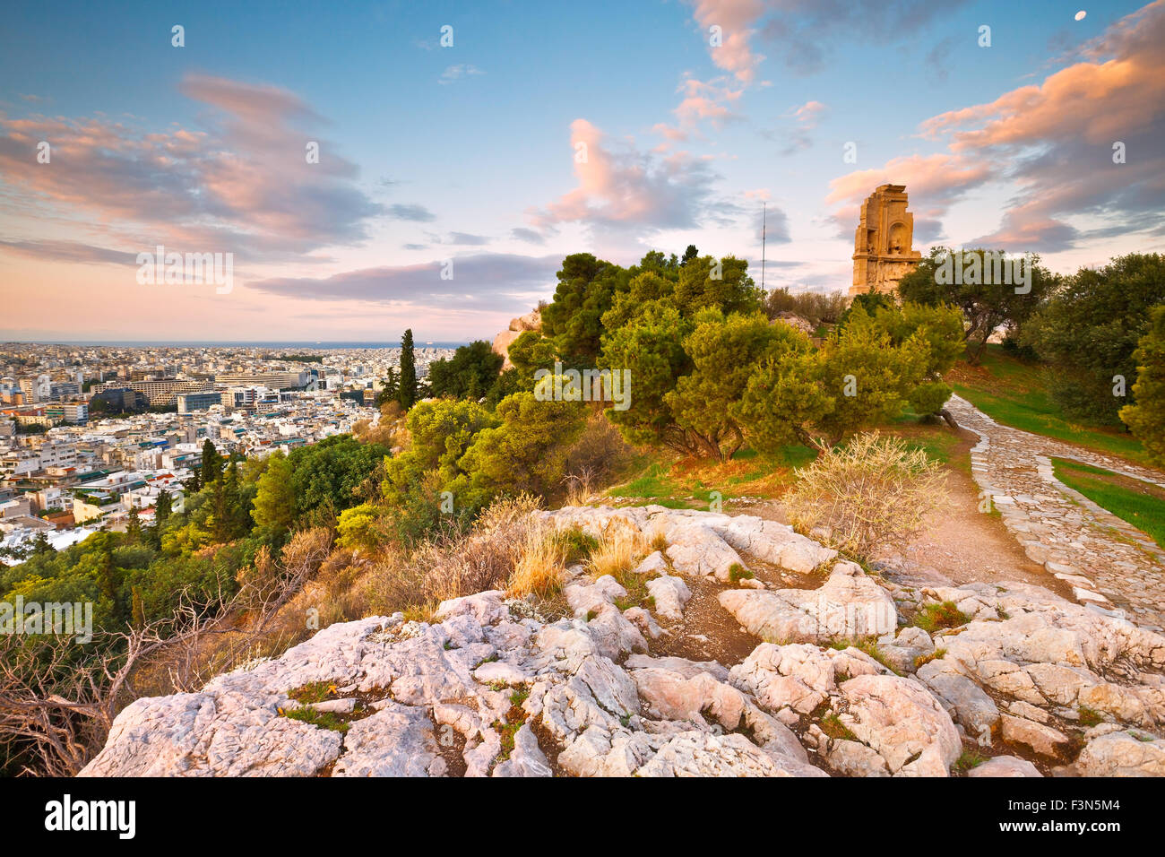 Philopappos Monument and view of Athens from Filopappou hill, Greece ...