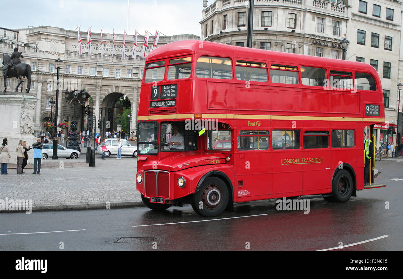 No 9 red Routemaster bus passing through Trafalgar Square in London ...