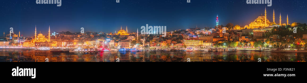 Panorama os Istanbul and Bosporus at night, Turkey Stock Photo - Alamy