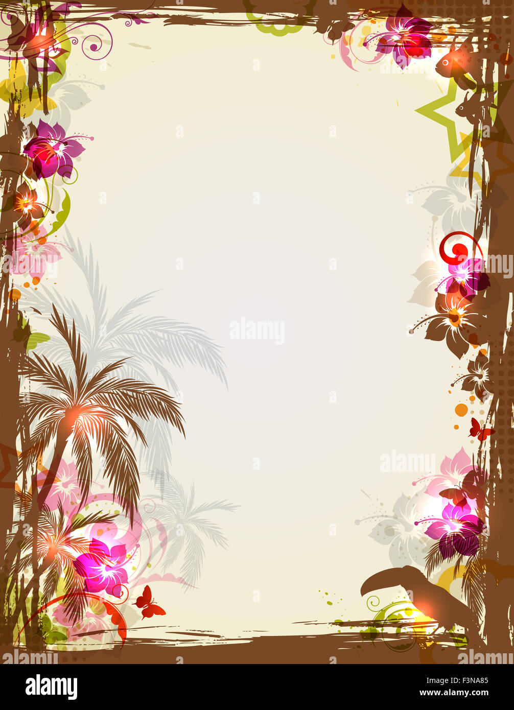 Bright tropical frame with palms and toucan Stock Photo - Alamy
