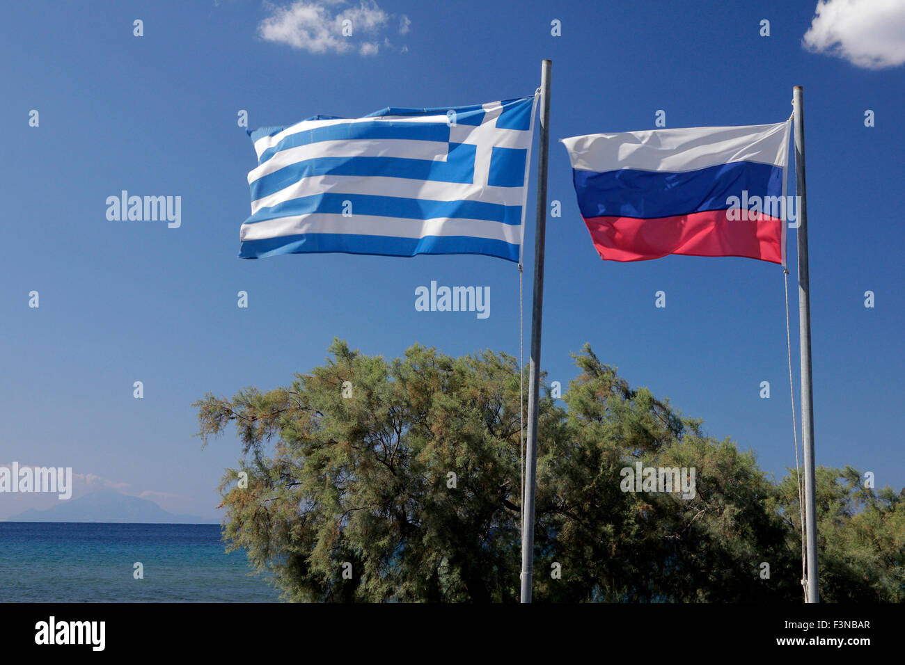 Russian & Greek flags of the Russian naval memorial and Holy mt. Athos ...