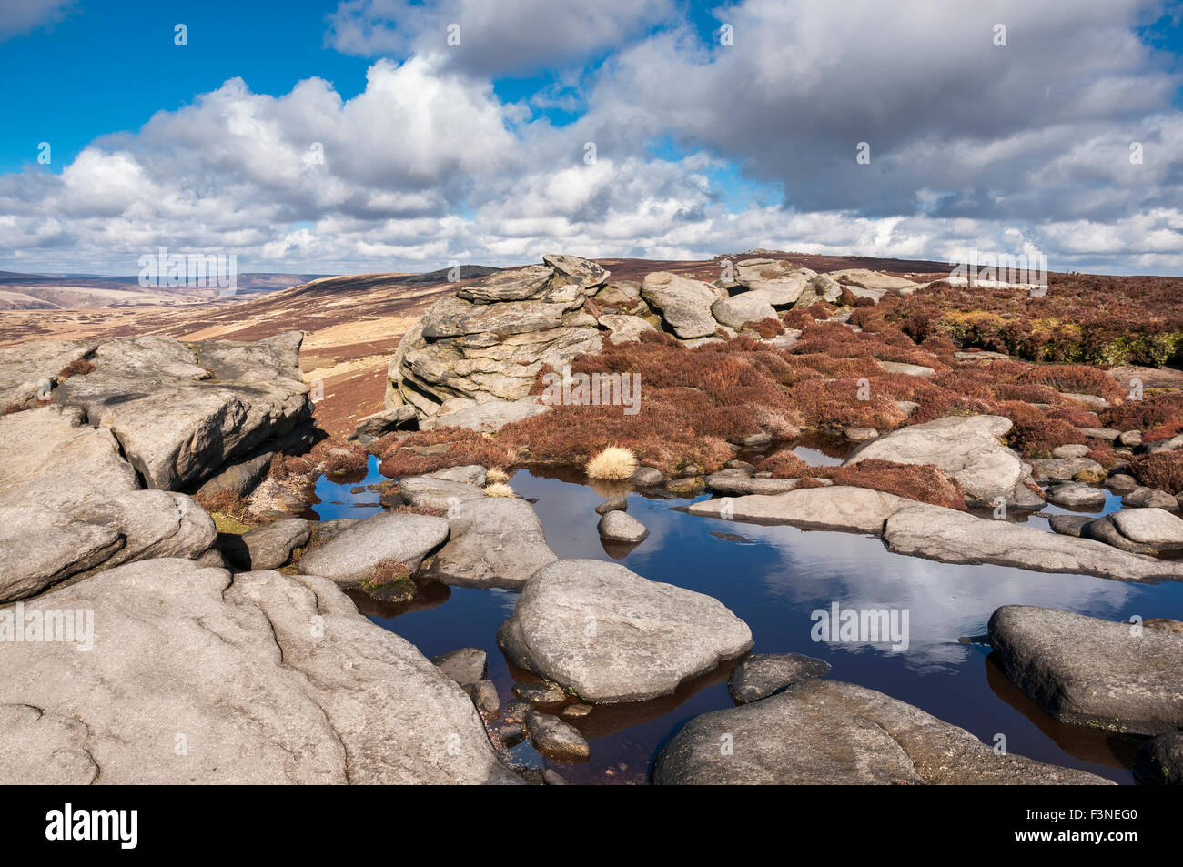 Pool of water and gritstone rocks on Derwent edge in the Peak District ...