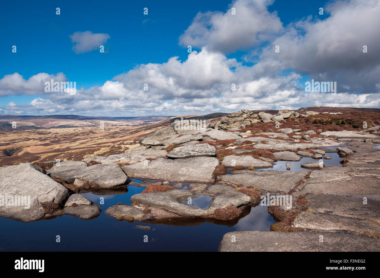 Pool of water and gritstone rocks on Derwent edge in the Peak District ...