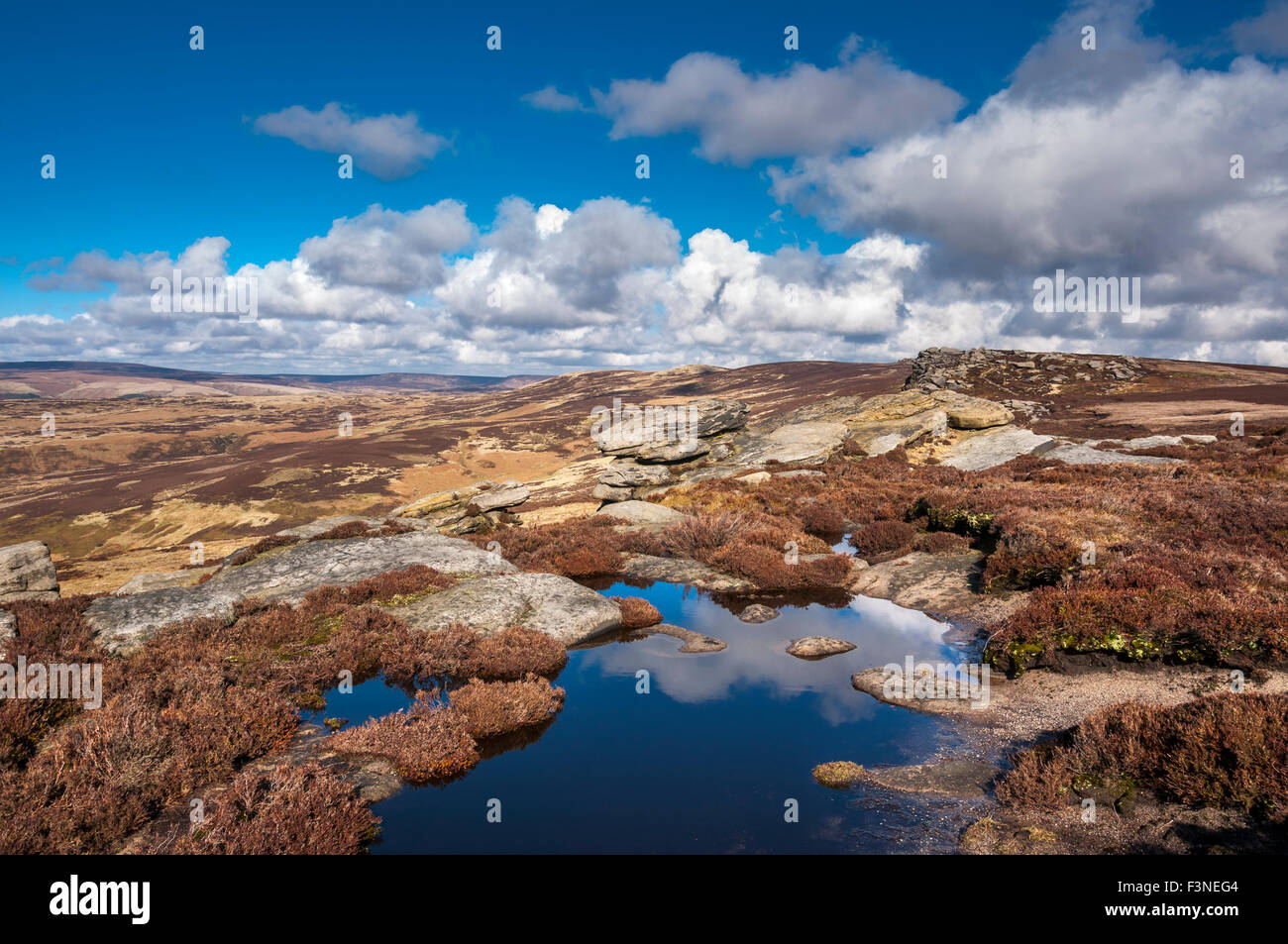 Pool of water and gritstone rocks on Derwent edge in the Peak District ...