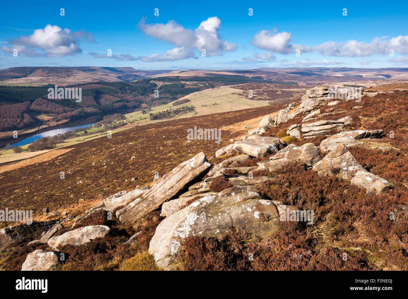 View of Ladybower reservoir from Derwent edge on a sunny March day with ...