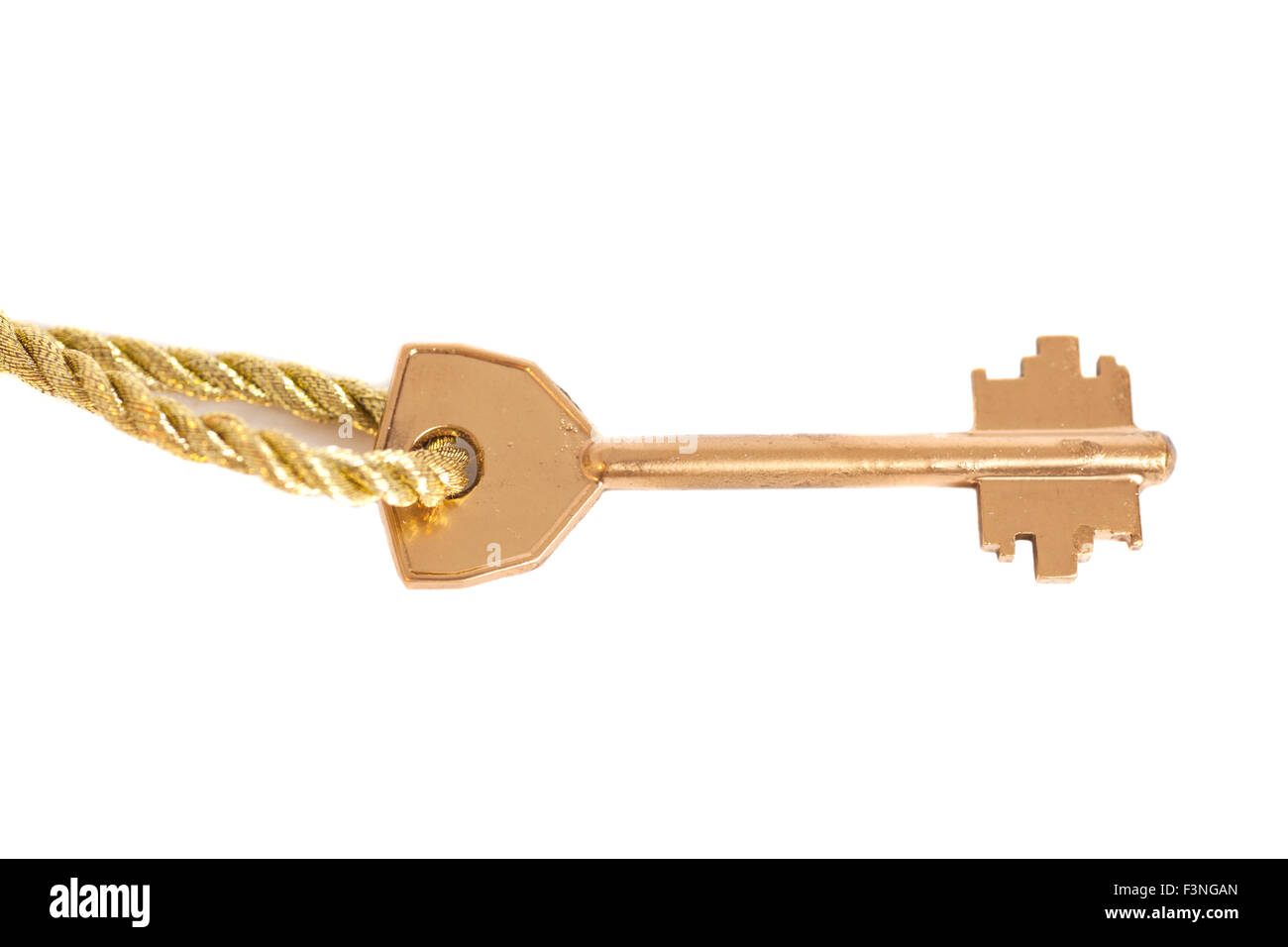 Golden key hanging on gold chain isolated over white Stock Photo - Alamy