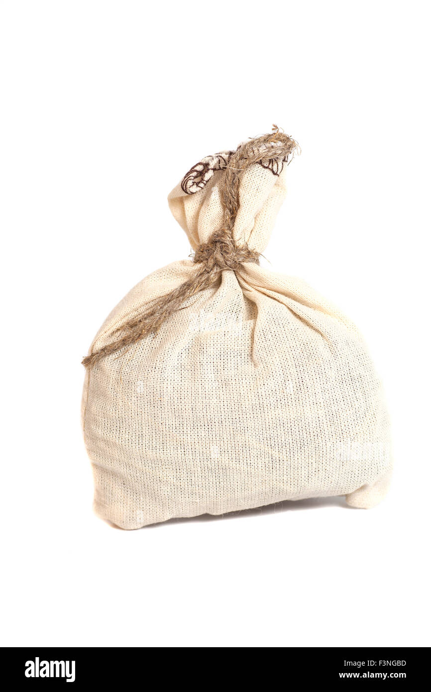 Tied with rope sack bag isolated on white Stock Photo - Alamy