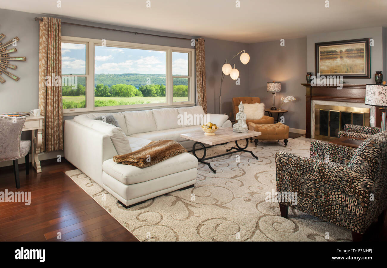 Home interior with living room and view Stock Photo - Alamy